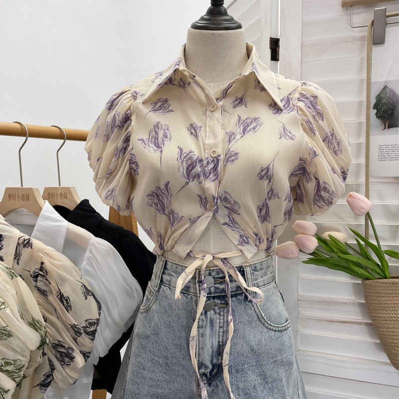 901A แขนพัฟยิงจริง polo เสื้อเชิ้ตคอปกผู้หญิงเสื้อแบบสั้นลายดอกไม้ผูกเอวออกแบบหน้าร้อน 8782 ...