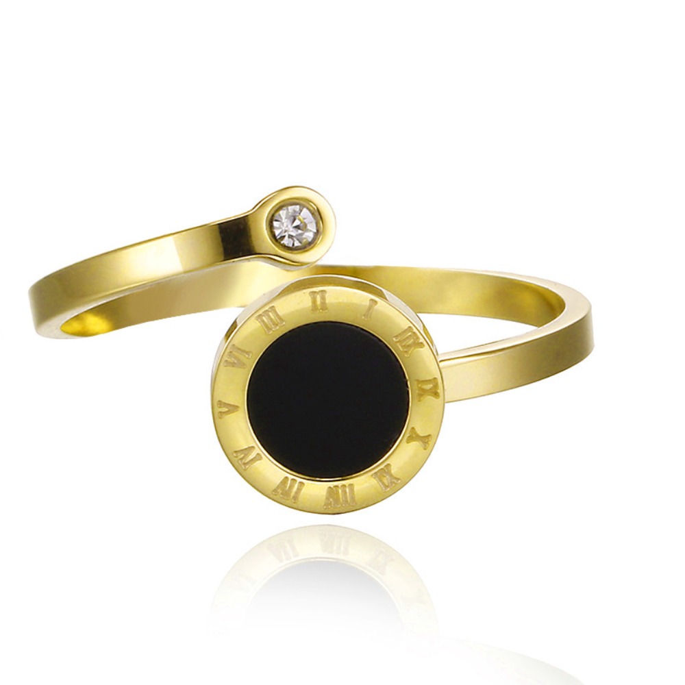 Fashion Roman Numeral Zircon Tail Ring Black Shell Stainless Steel Wide ...