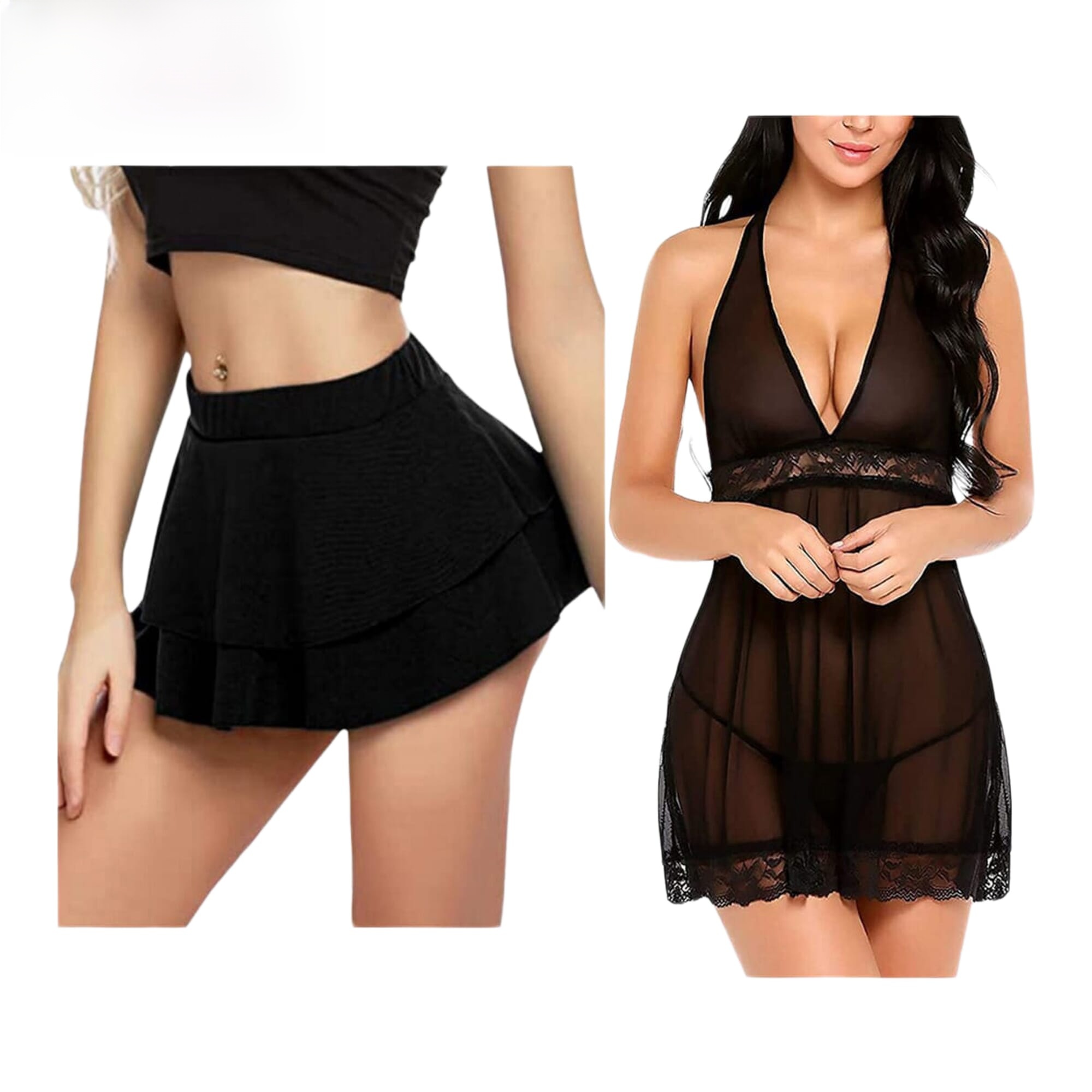 Fancyra Combo Set Of Women Pleated Mini Skirt Solid Ruffle Lingerie