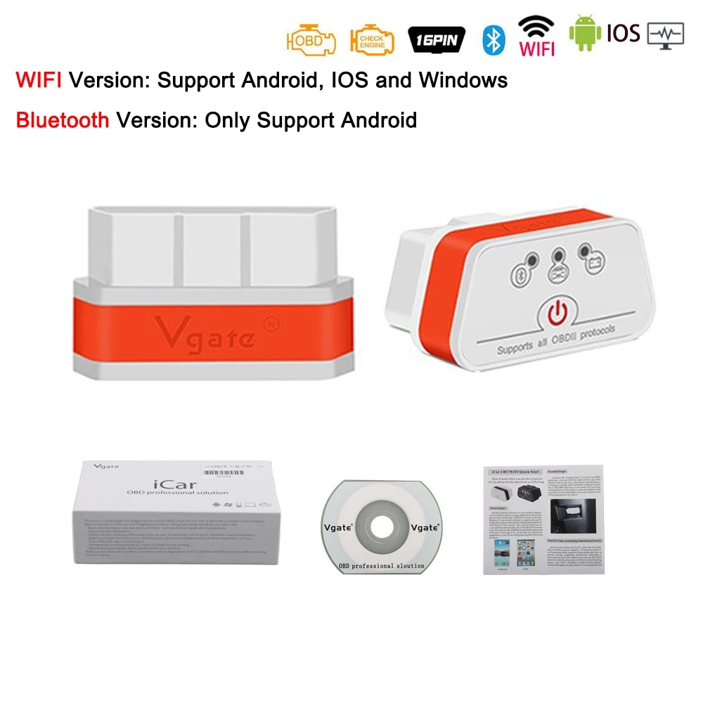 HFJJU Vgate ICAR2 ELM327 Bluetooth/Wifi Car Diagnostic Tool Wireless OBD2 For Android/PC/IOS ...