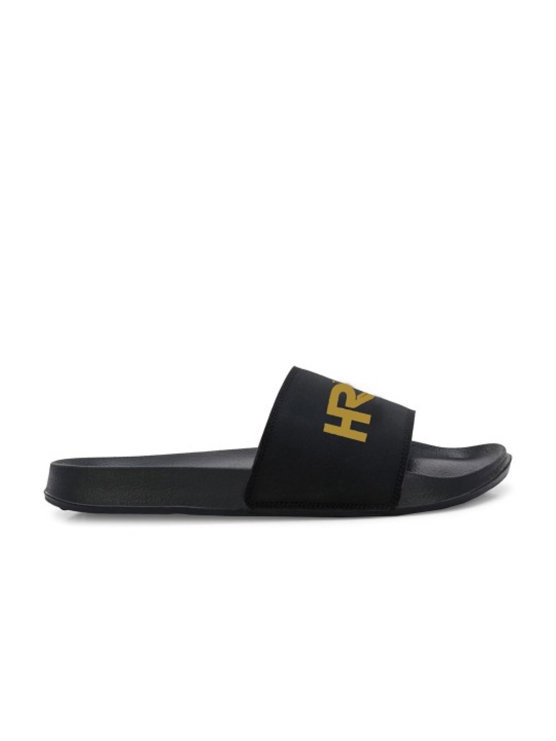 HRX By Hrithik Roshan Black & Gold Toned Brand Logo Printed Sliders For ...
