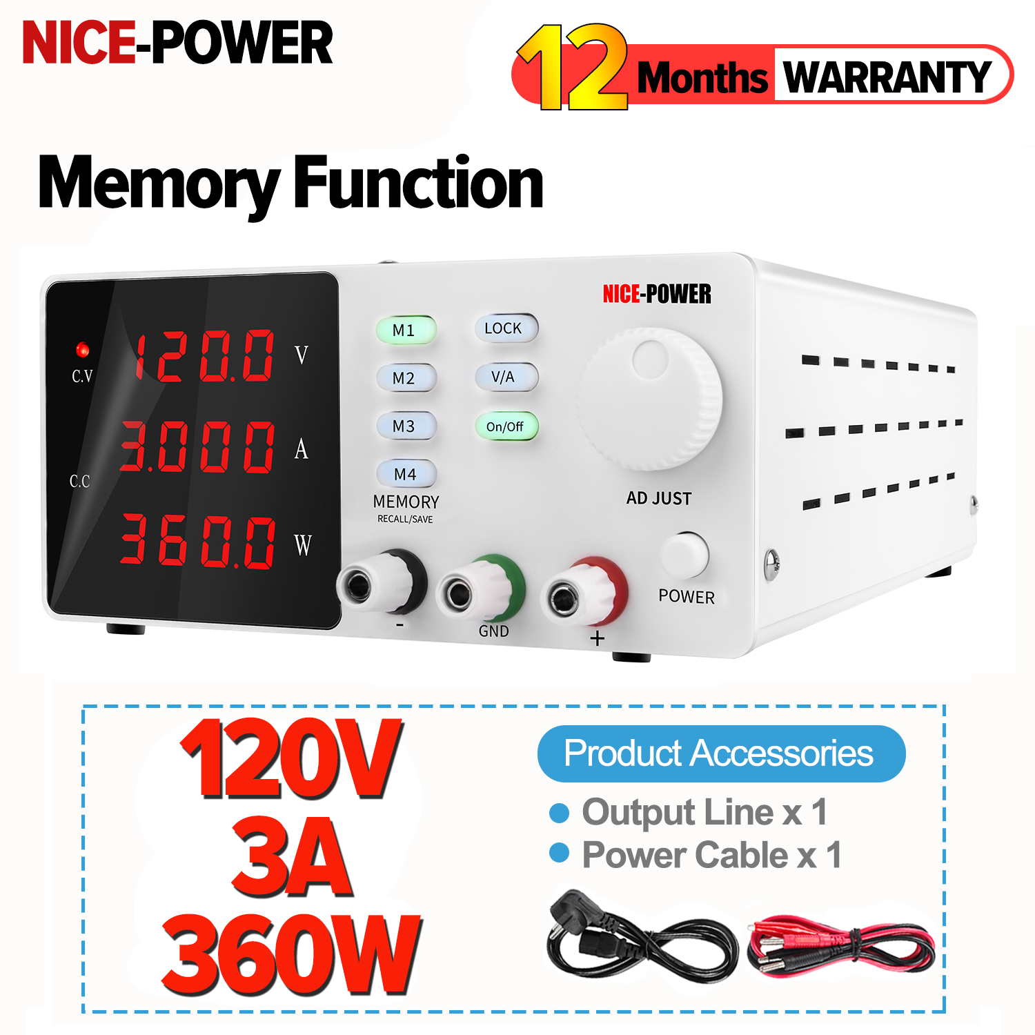 NICE-POWER Adjustable Dc Power Supply 0-120V 0-3A Data storage Program ...