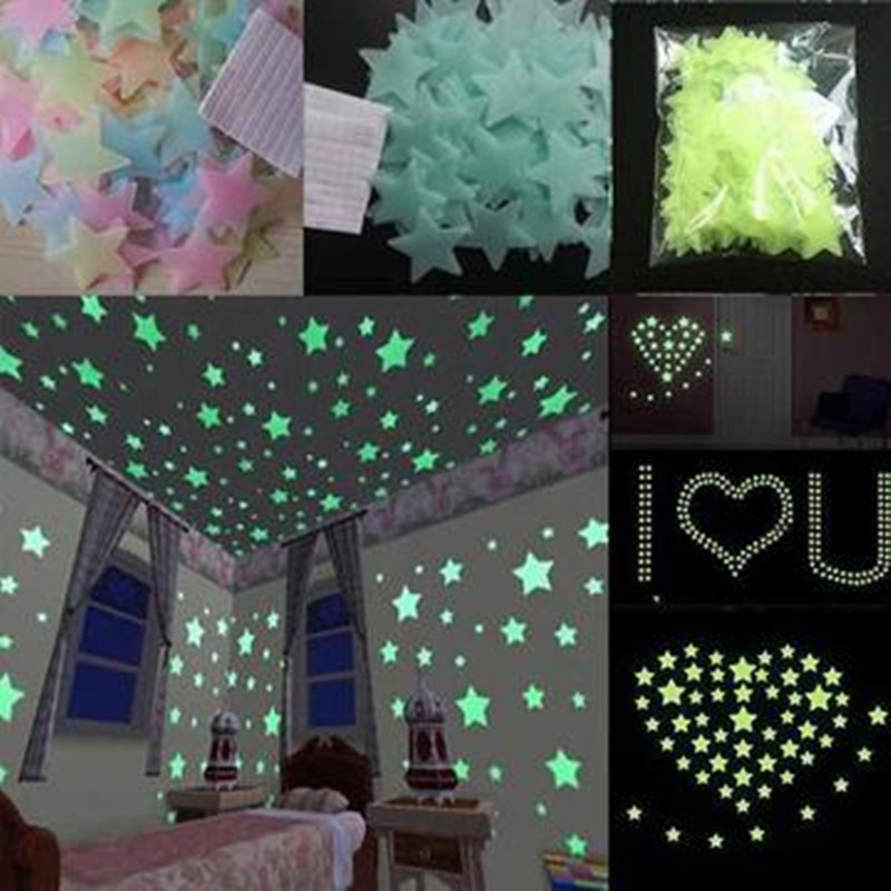 【VA VA VOOM】100pcs 3cm Night Light White 3D Stars Glow The Dark ...