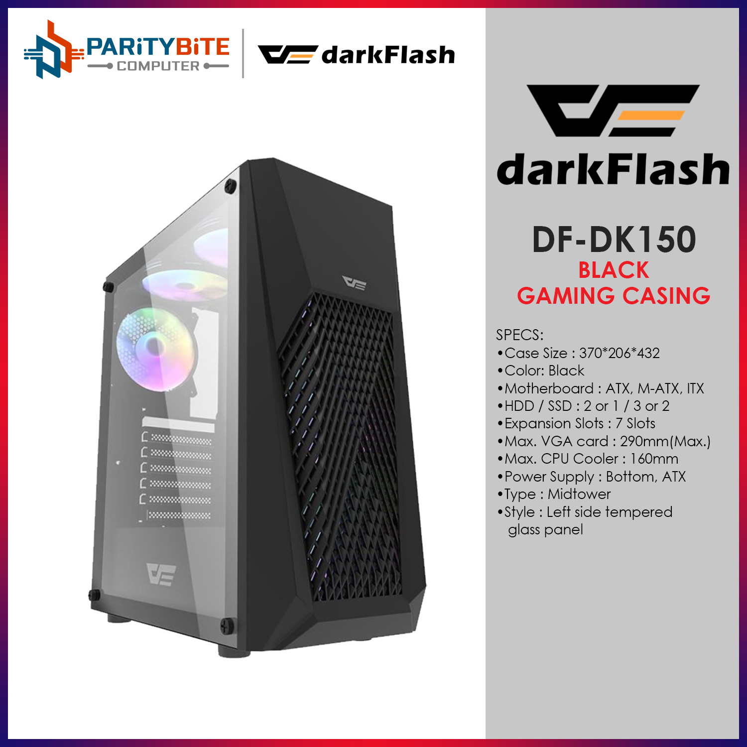 DarkFlash DK150 Black PC Gaming Case | Free 3 RGB Fans | Lazada PH