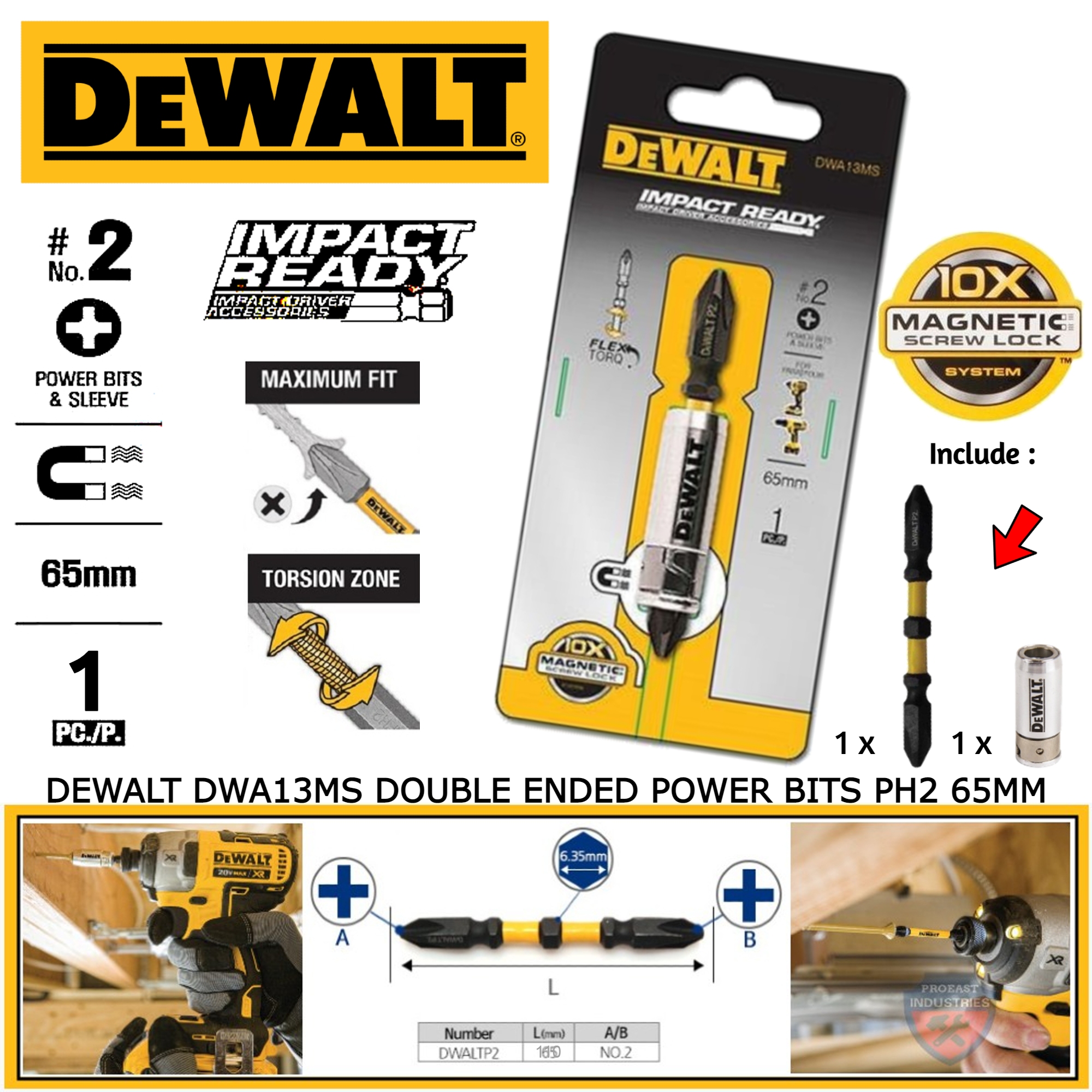 DEWALT DWA2SD65 DOUBLE ENDED POWER BITS PH2 65MM With Magnetic Holder ...