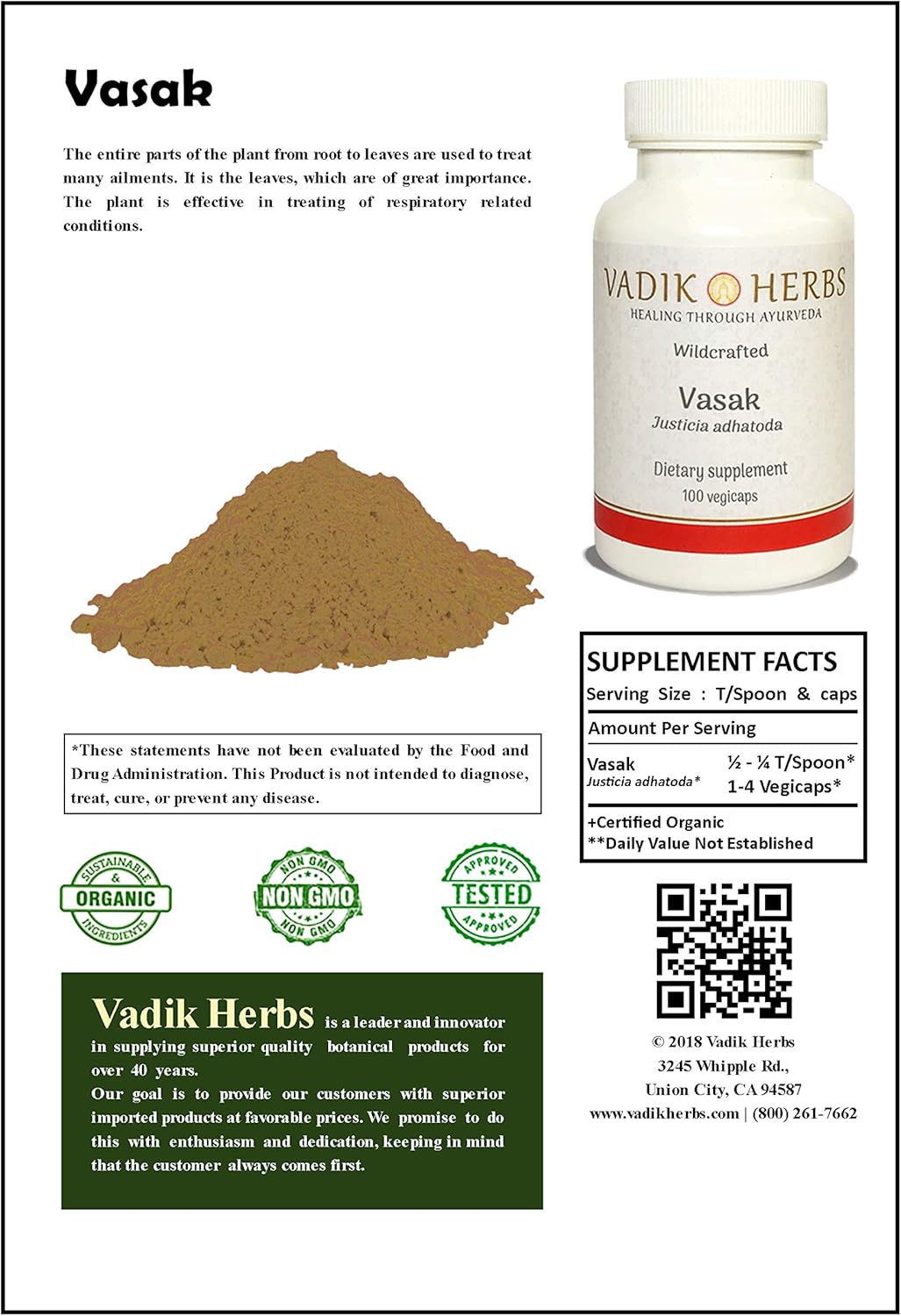Certified Organic Vadik Herbs Vasak | Vasaka (Justicia adhatoda) Powder ...