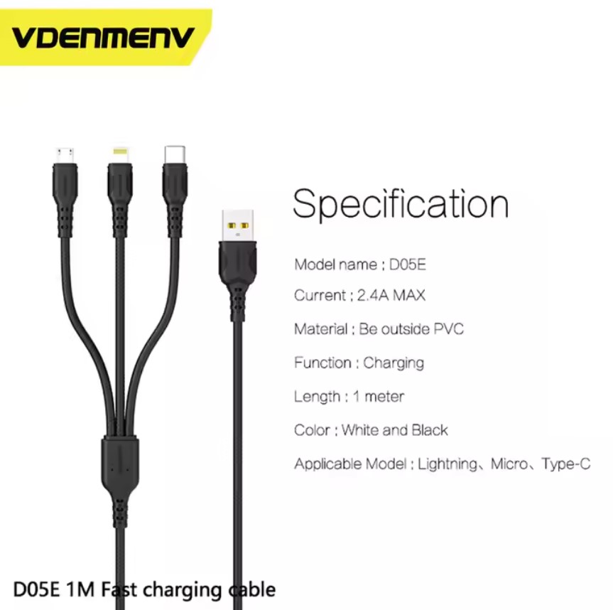 DENMEN D05E 3in1 USB Cable Micro Lightning Type-C 1M White Mobile Phone ...