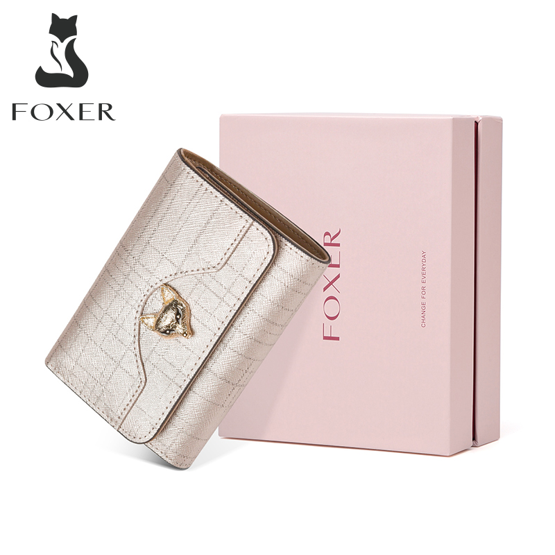 FOXER แบรนด์ทองสไตล์เลดี้กระเป๋าสตางค์หนังวัวสั้นกระเป๋าหรูหรา ID Crad ...