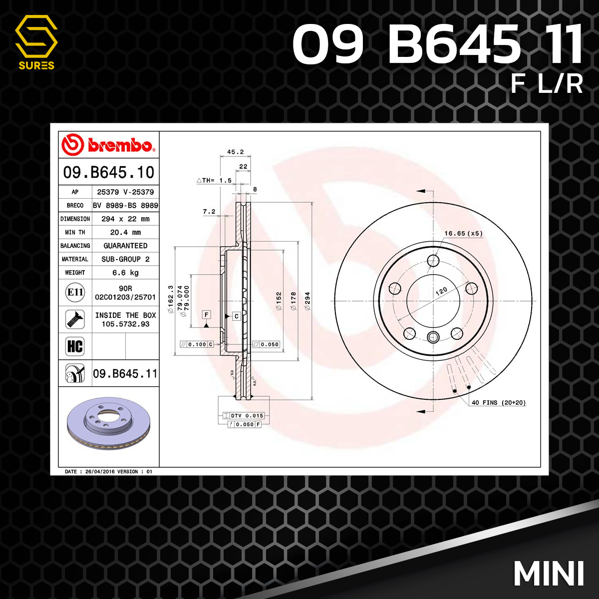 จานเบรค หน้า MINI GEN2 COUNTRYMAN R60 SD ALL4 / PACEMAN R61 / UV HC ตรงรุ่น BREMBO 09.B645.11 ...