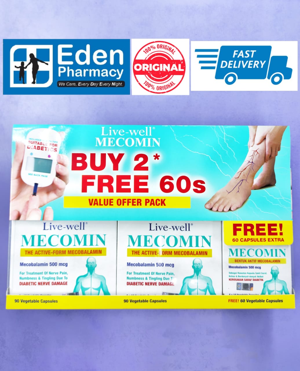 Live-well Mecomin [ mecobalamin 500 mcg B12 ] ( 90's + 90's + Free 60's ...