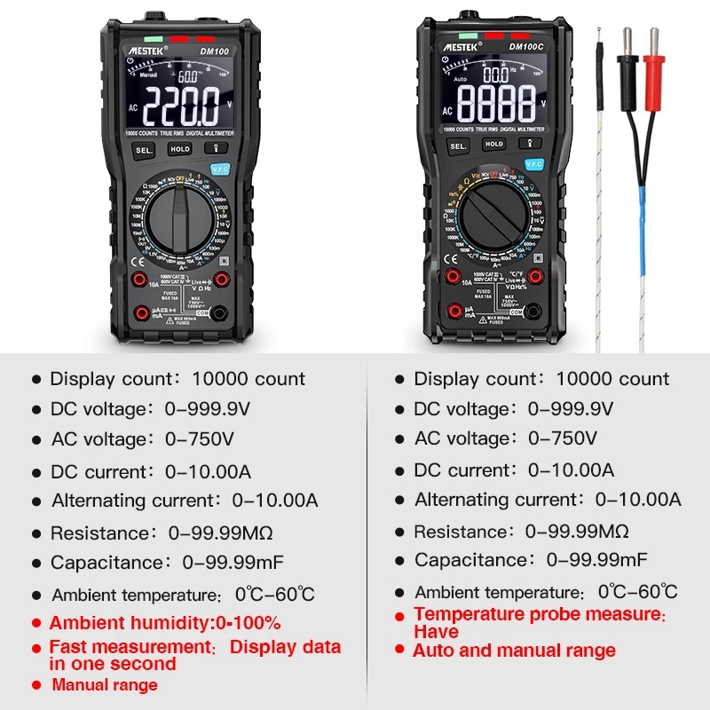 MESTEK DM100 Digital Multimeter High Speed Smart Double Core T-rms NCV ...