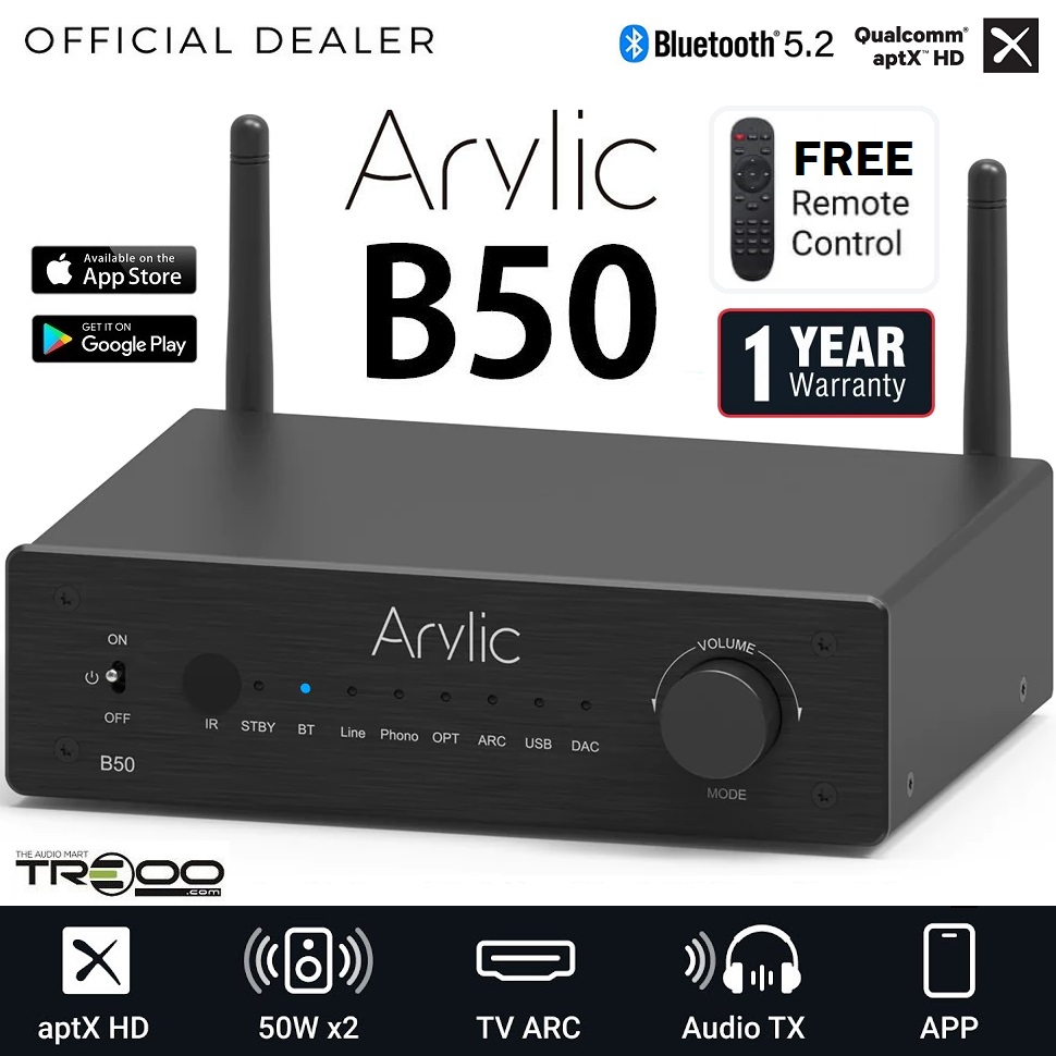 Arylic B50 Wireless Bluetooth Transceiver/Streamer Hi-Fi Integrated Amplifier & USB DAC (with ...