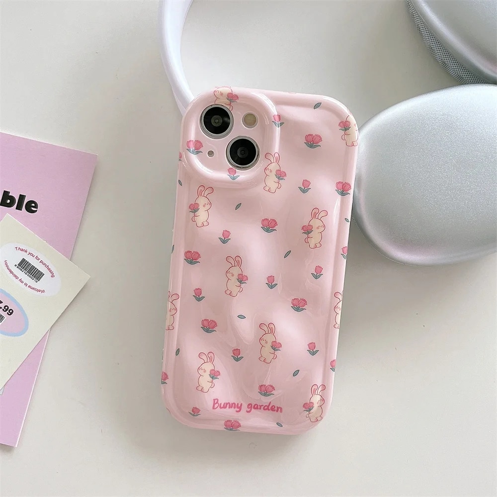 Korean Cute Floral Rabbit Pink Star Flower Phone Chain Soft Phone Case ...
