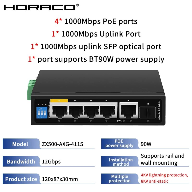 HORACO Industrial Gigabit POE Switch 5/6 Port 100/1000Base-T DIN IP30 ...