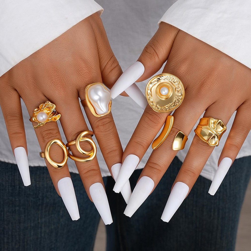 Enacolor Retro Punk Exaggerated Irregular Geometry Ring Set Gold Metal Pearl Joint Open Rings ...