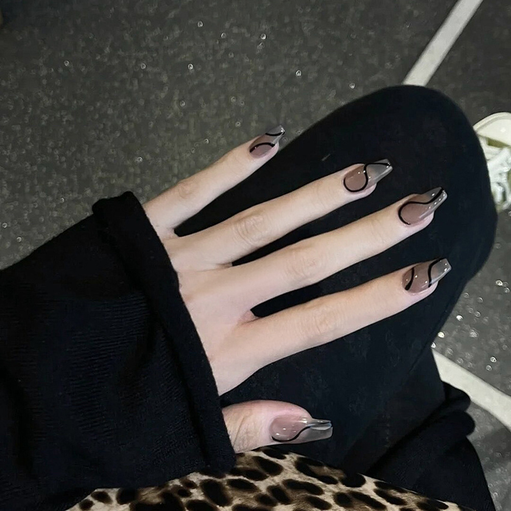 Y15 Black Ballet Line Press on Nails 24PCS with Pearl & Bow Design Semi ...