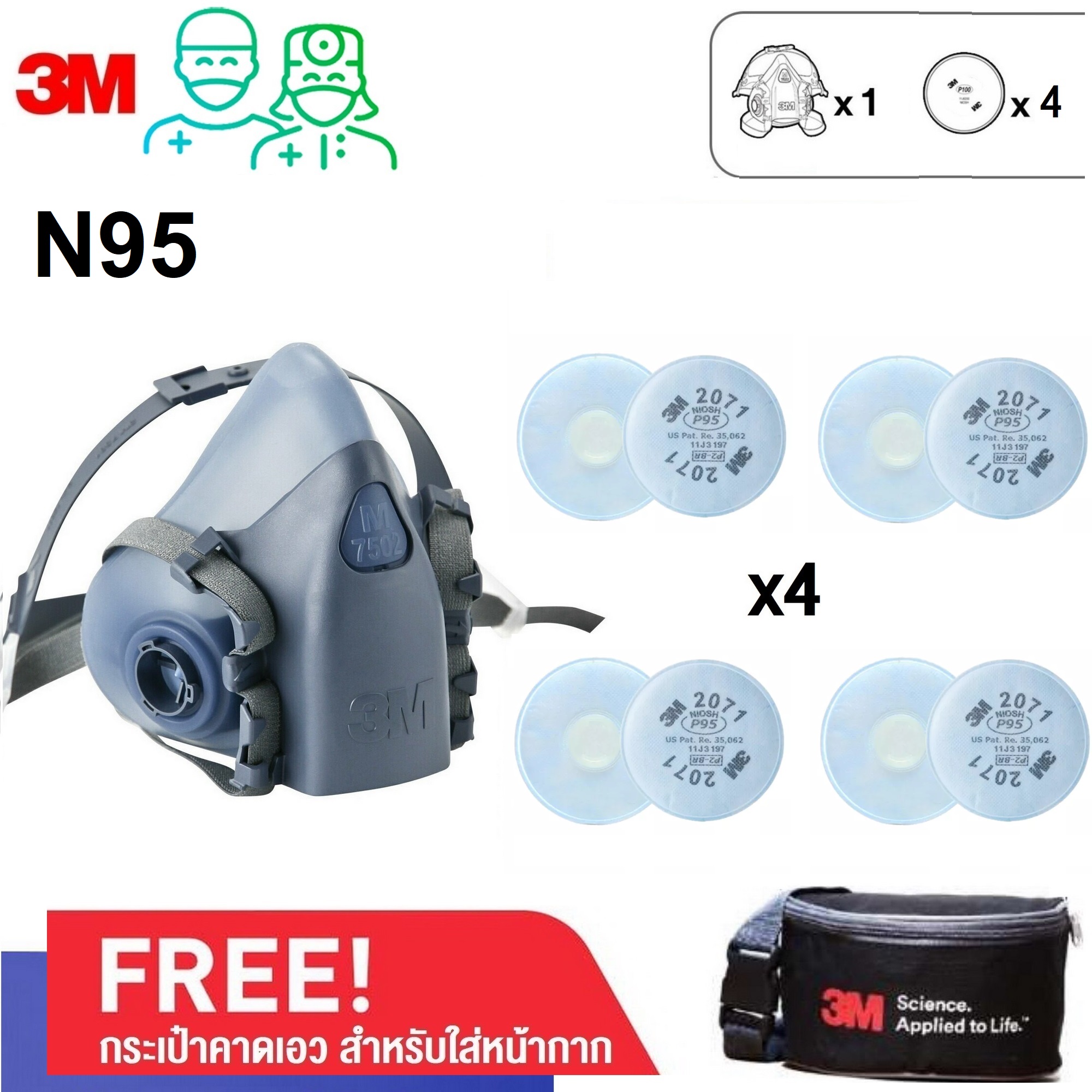 3M 7502 หน้ากากซิลิโคนขนาดกลาง และ 4แพ็ค ตลับกรองฝุ่น 2071 Filter P95 ...