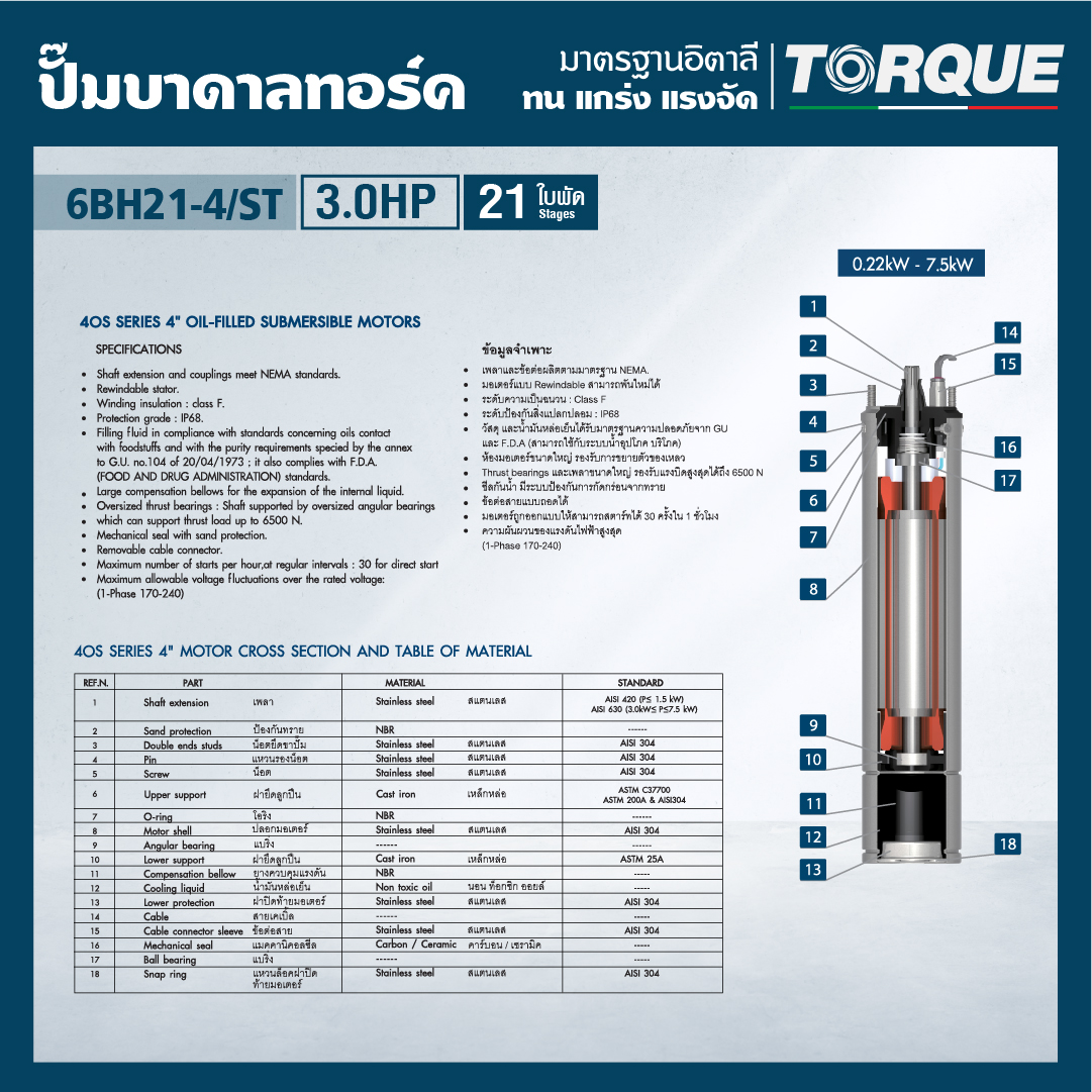 TORQUE TQ-SP-6BH21-4/ST ปั๊มบาดาลทอร์ค ชุด Submersible Pump 3.0 HP. 21 ...