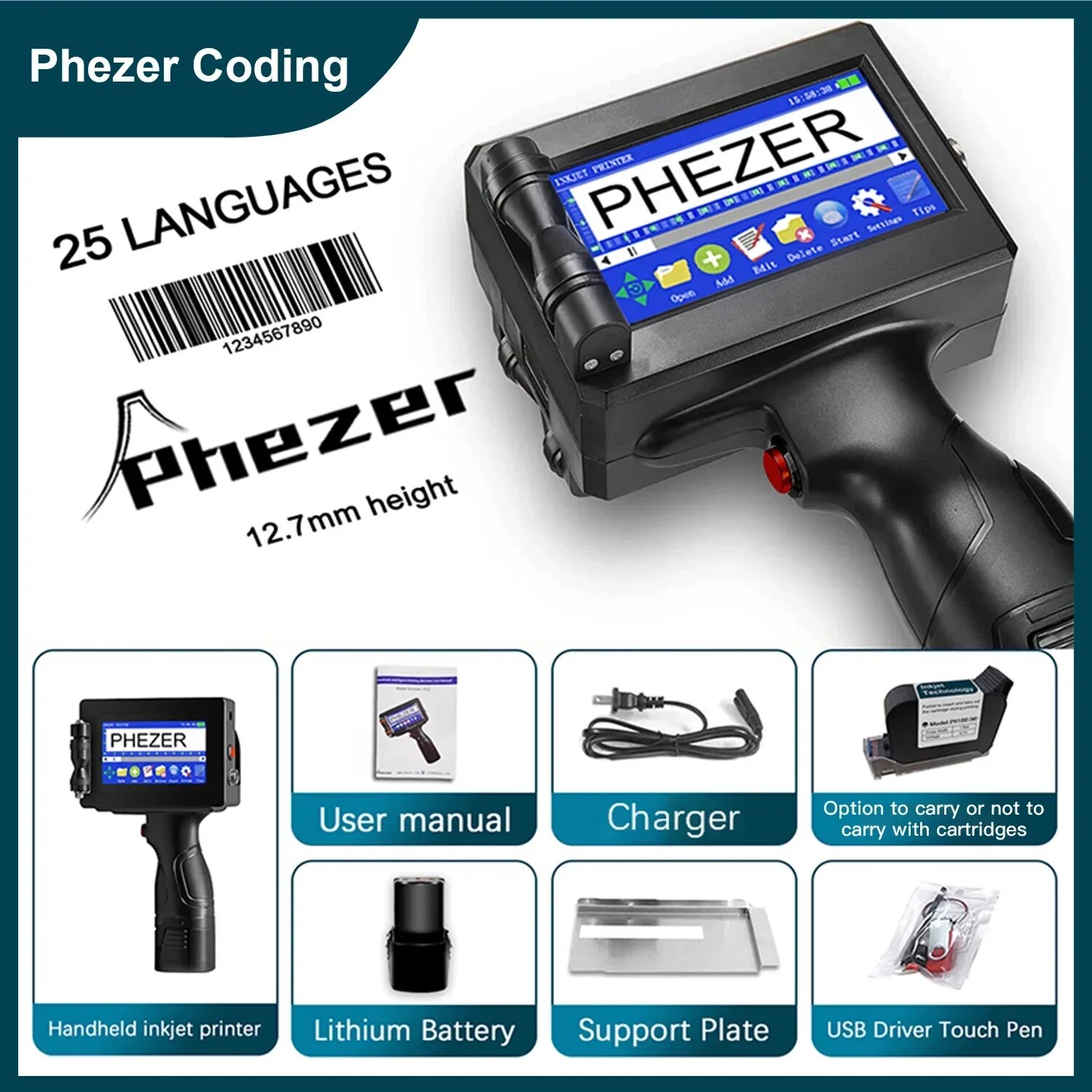Phezer P15 12.7mm Label Printer QR Bar Batch Code Date Number Logo ...