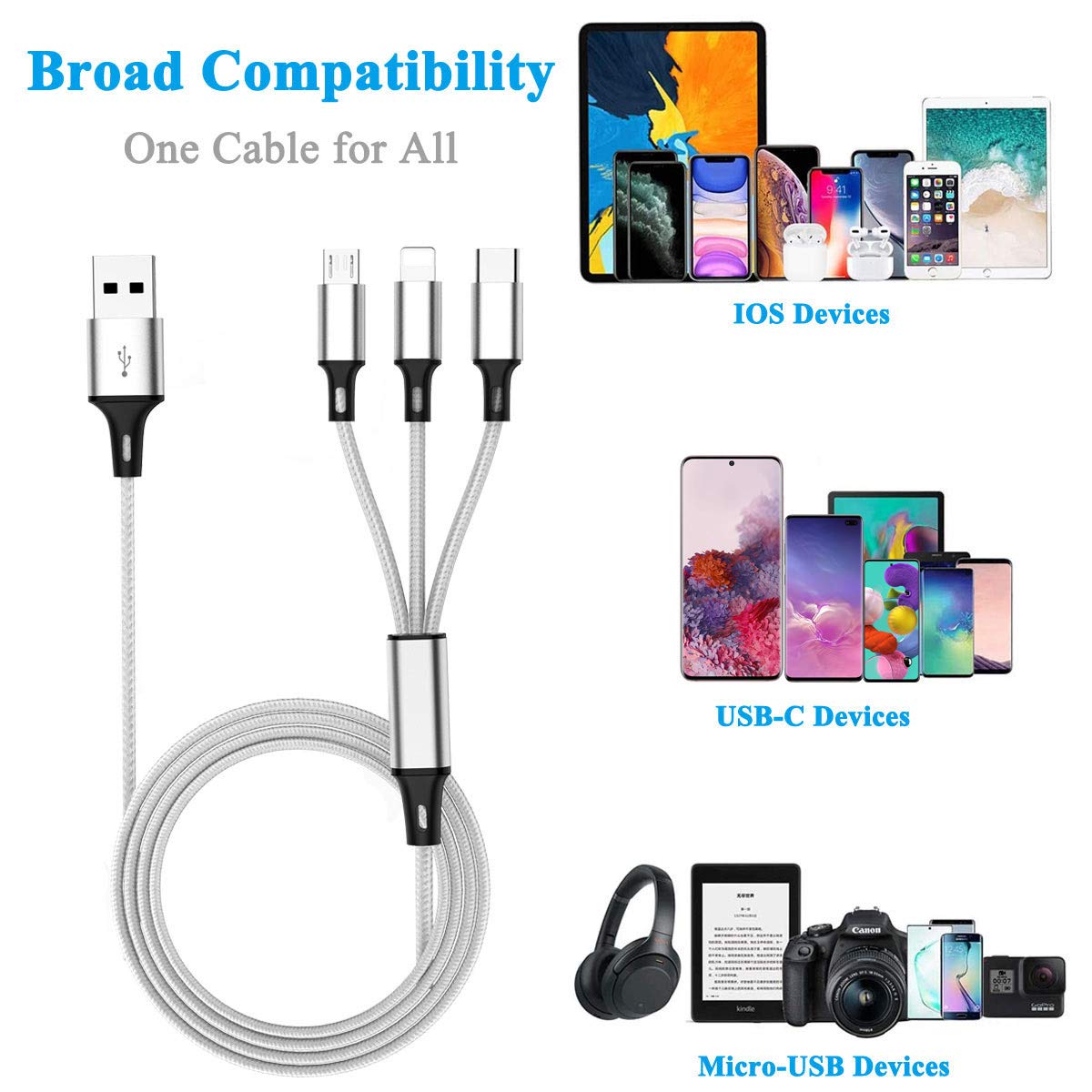 2 Pack 3 In 1 Charging Cable Cord Multi Fast Charging Cable, Short ...