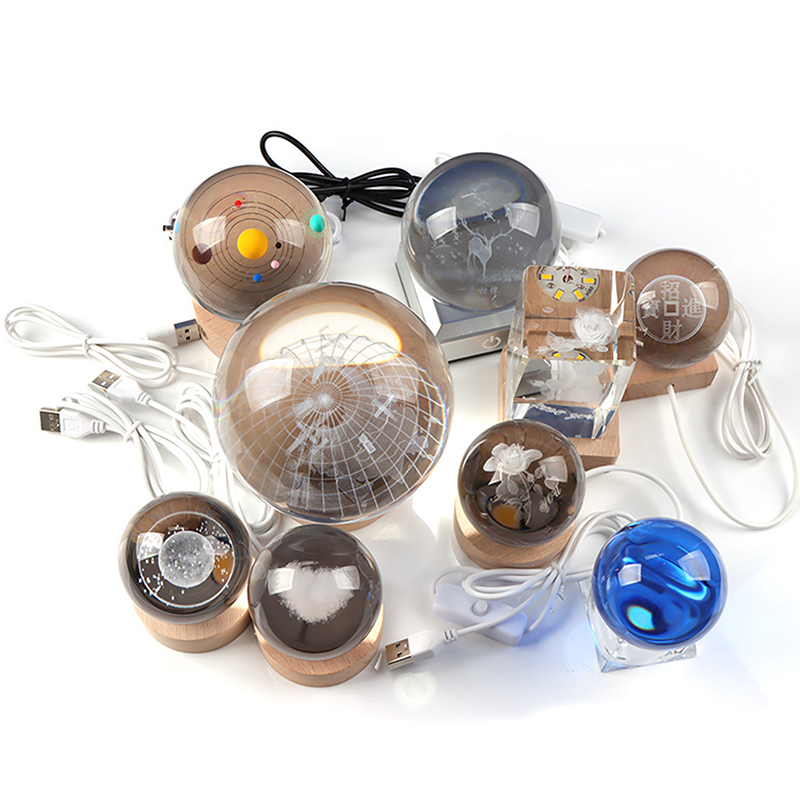 Solid Wood Square Luminous Base Led Night Usb Plug-In Ornament Crystal ...