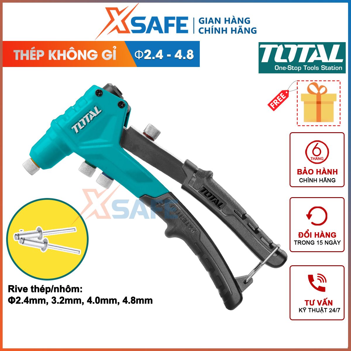 Kìm rút đinh tán Total THT32081 8inch(20cm) rive Φ2.4mm, 3.2mm, 4.0mm ...
