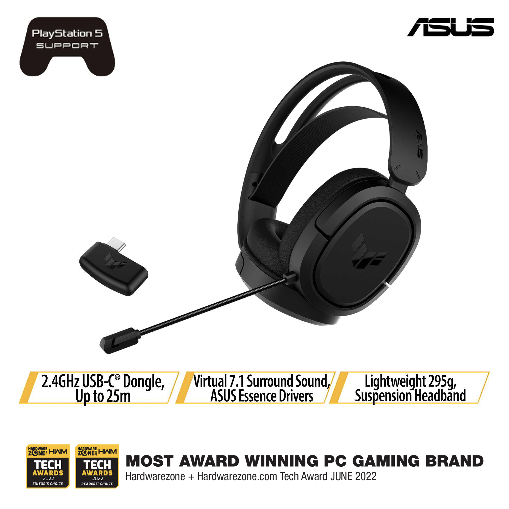 ASUS TUF Gaming H1 Wireless headset features a 2.4 GHz connection, 7.1 ...