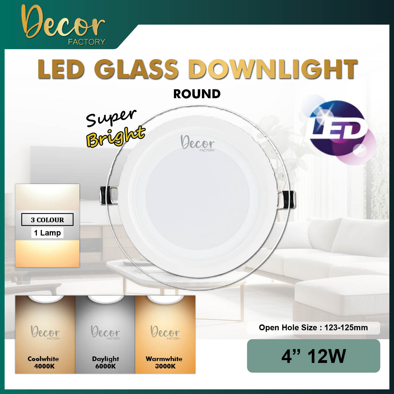 LED Downlight Glass Recess 12W 4inch / 18W 6inch Round Square LED Panel ...