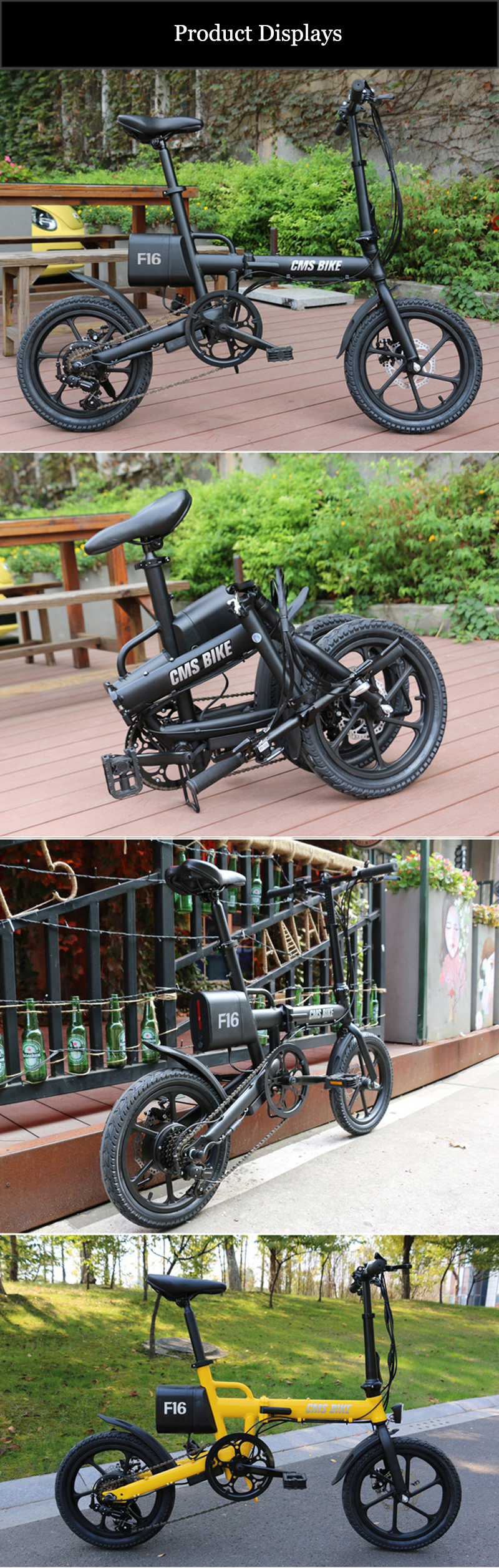CMSBIKE Sports F16 36V 7.8AH 250W Black 16 Inches Folding Electric Bike ...