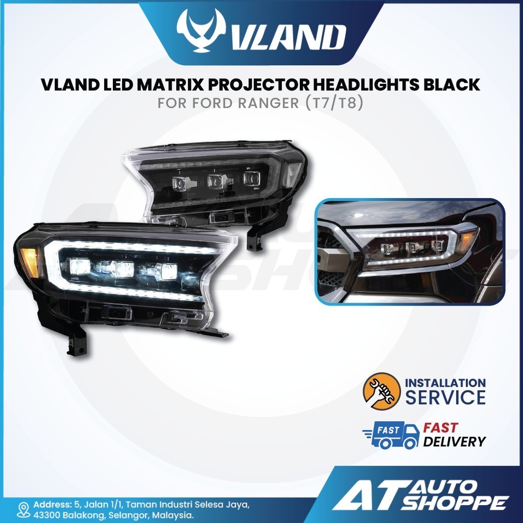VLAND Ford Ranger (T7/T8) LED Matrix Projector HeadLights Black (1 pair ...