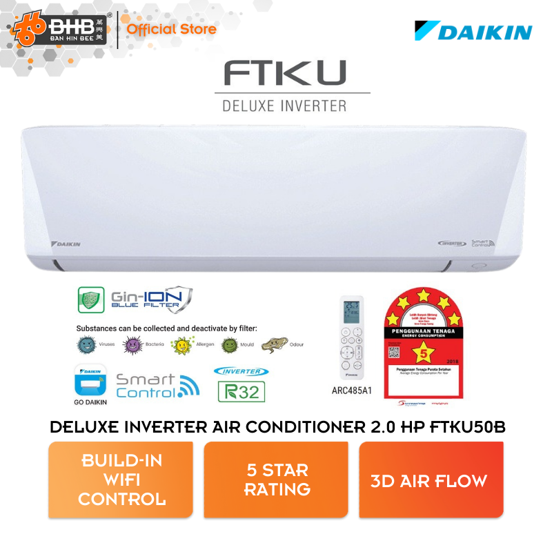 Daikin Wall Mounted Deluxe Inverter Air conditioner 1.0 HP 1.5HP 2.0 HP Built-in Wifi Control 3D ...