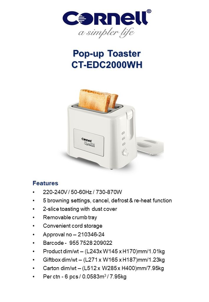 Cornell 870W 2 Slice Pop Up Bread Toaster Sandwich Toaster CT-EDC2000 ...