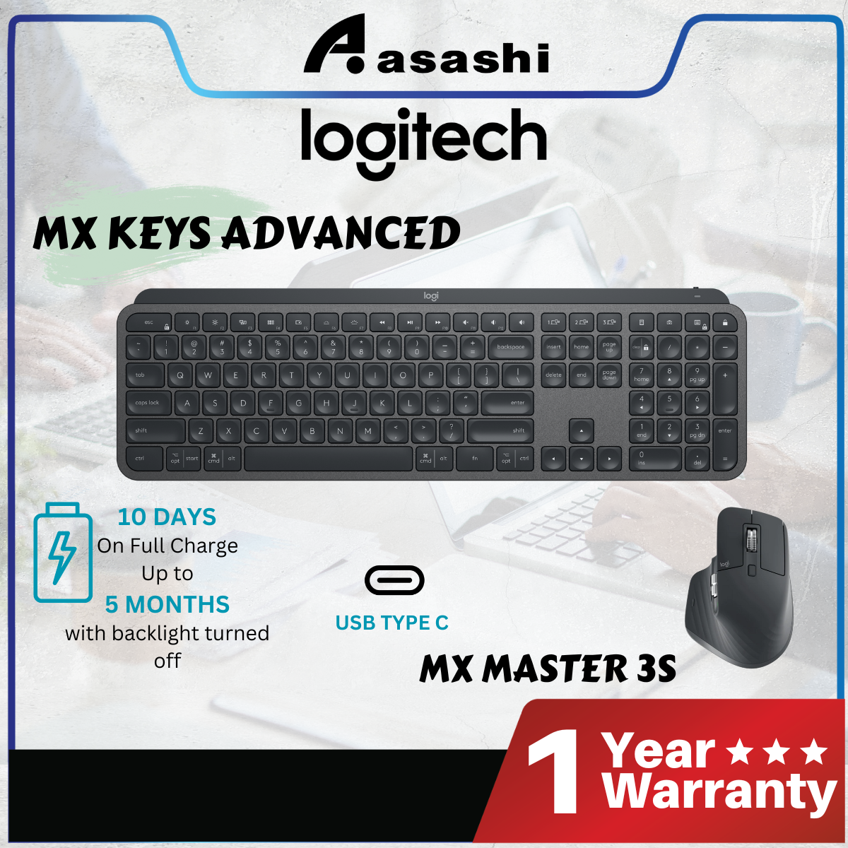 Logitech MX Keys Advanced Wireless Keyboard 920-009418 / Logitech MX ...