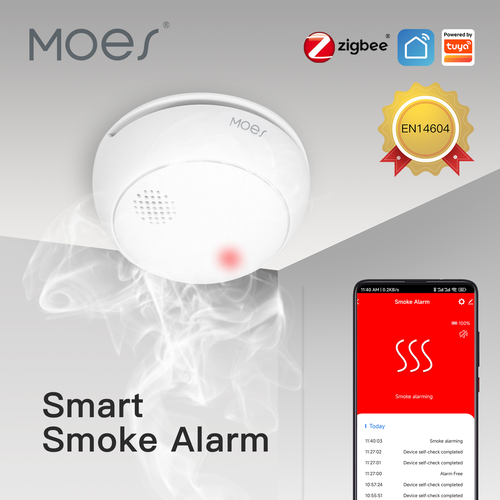 MOES ZigBee Smart Wireless Smoke Detector Fire 85dB Sound Alarm Siren ...