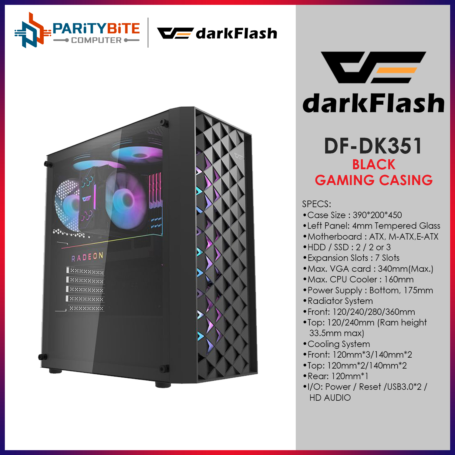 darkFlash DK351 Black Tempered Glass ATX PC Case With 4pcs A-RGB fans ...
