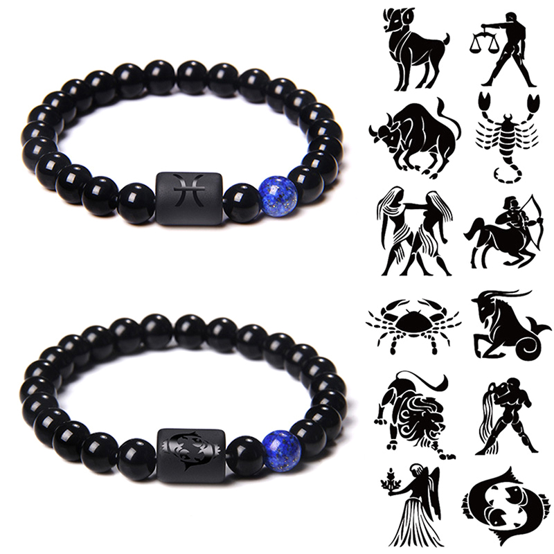12 Constellation Zodiac Signs Beads Couple Bracelet Natural Black Onyx ...