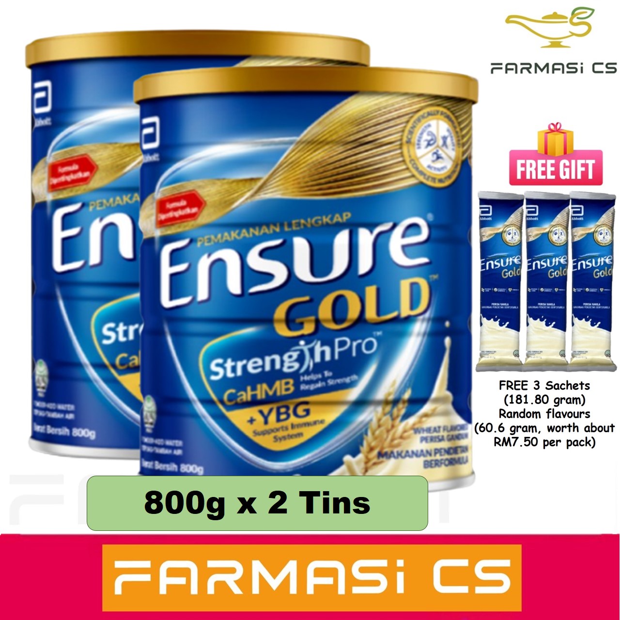 Abbott Ensure Gold Wheat Flavored 800g x 2 Tins (TWIN) FOC 3 Sachets ...