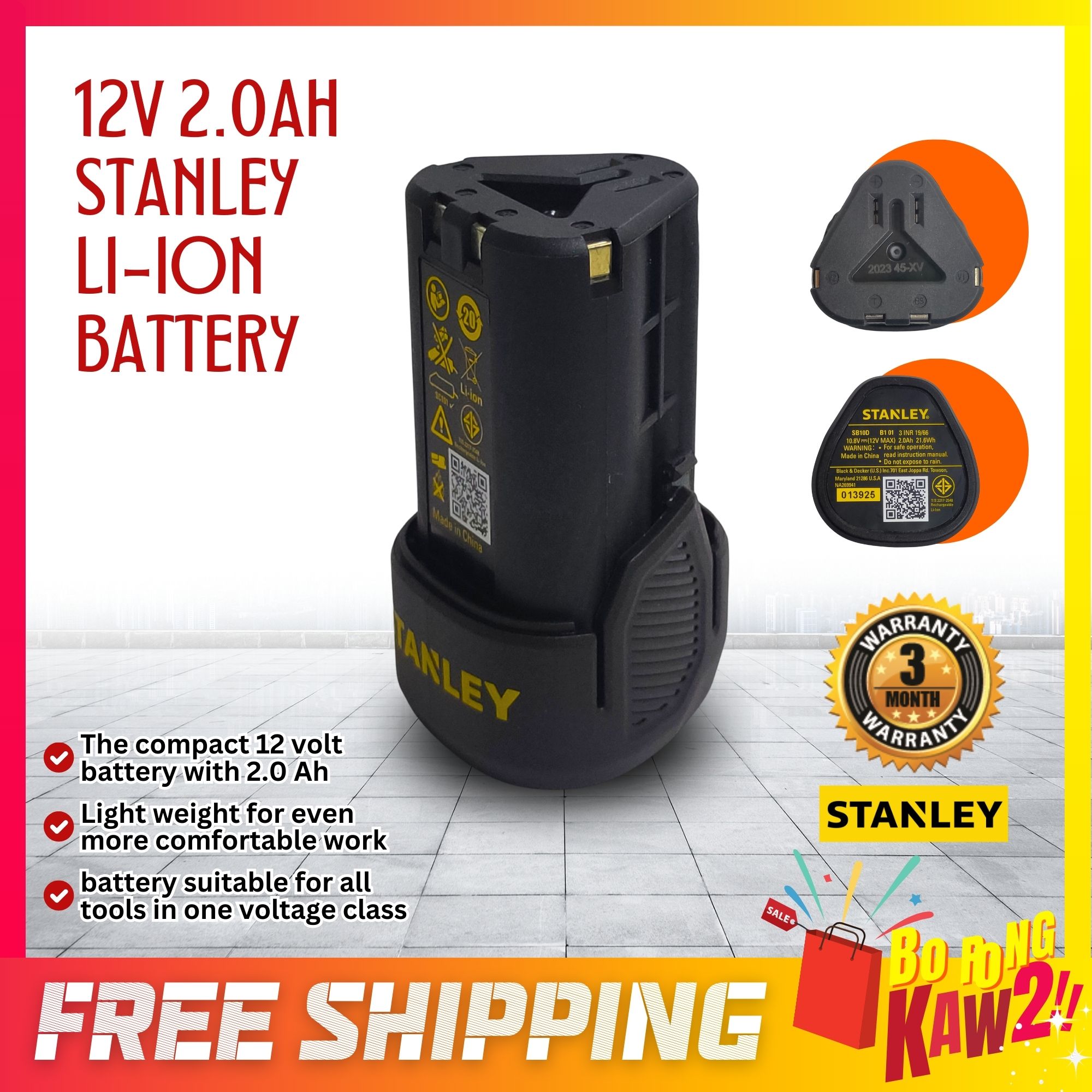 1PCS STANLEY SB10D-B1 12V 2.0Ah Battery Rechargeable Lithium Battery ...