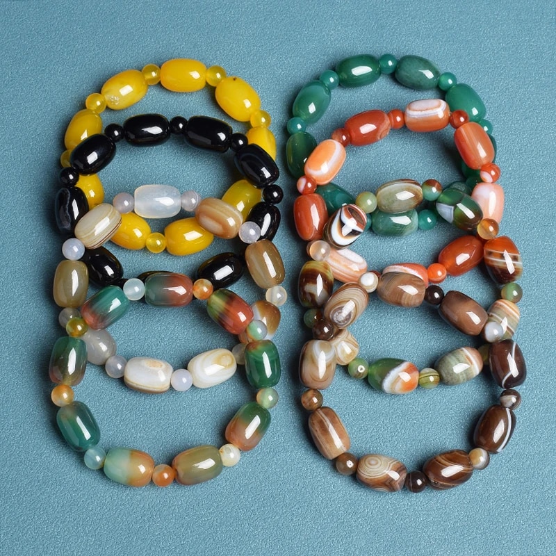 Natural Stone Coffee Lace Agates Bracelet Cylinder Drum Barrel Shape ...