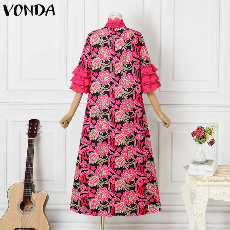 VONDA Women Casual Party Print Stand Collar Patchwork Long Dress (Plus ...
