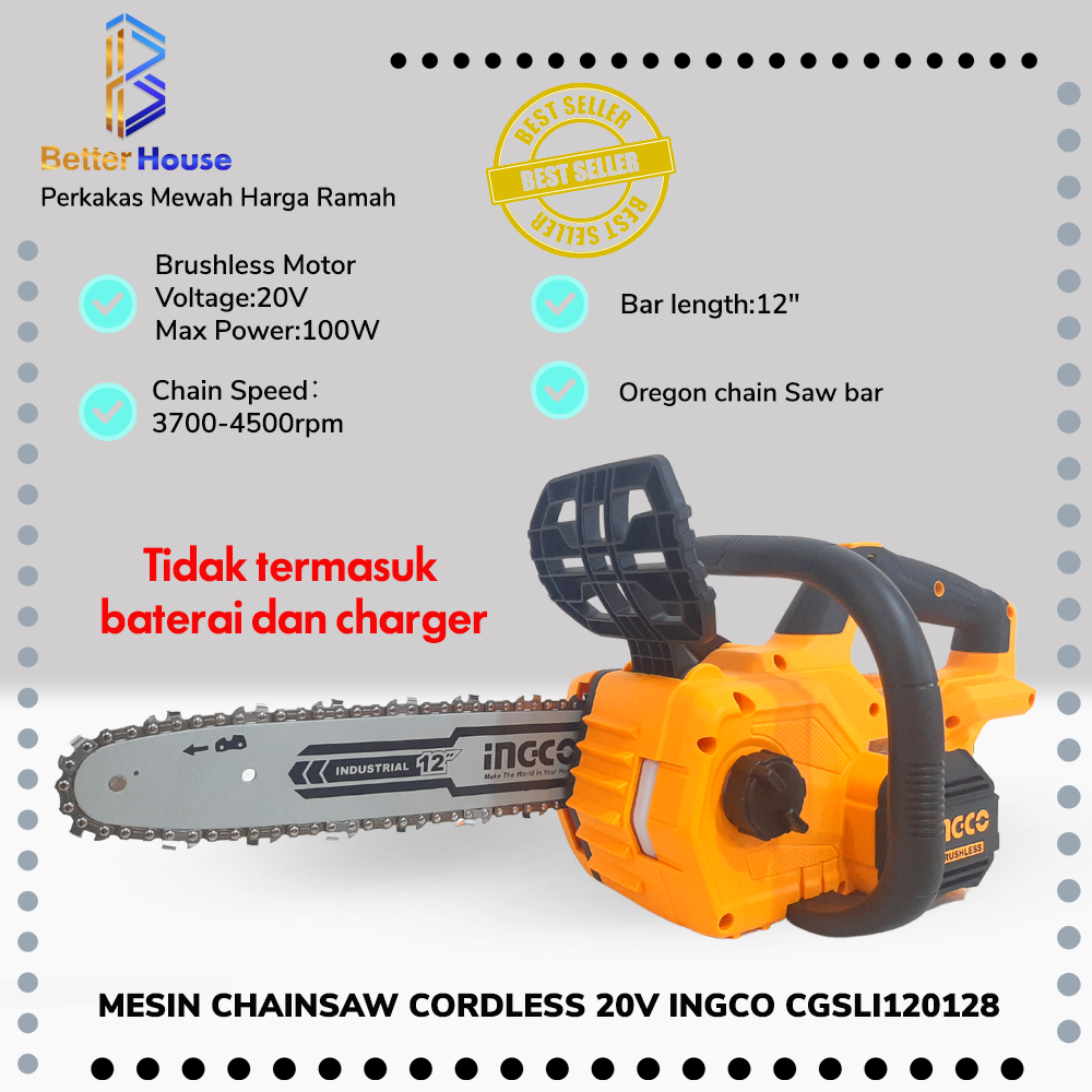 MESIN GERGAJI POTONG POHON BATERAI CHAINSAW CORDLESS 20V INGCO ...