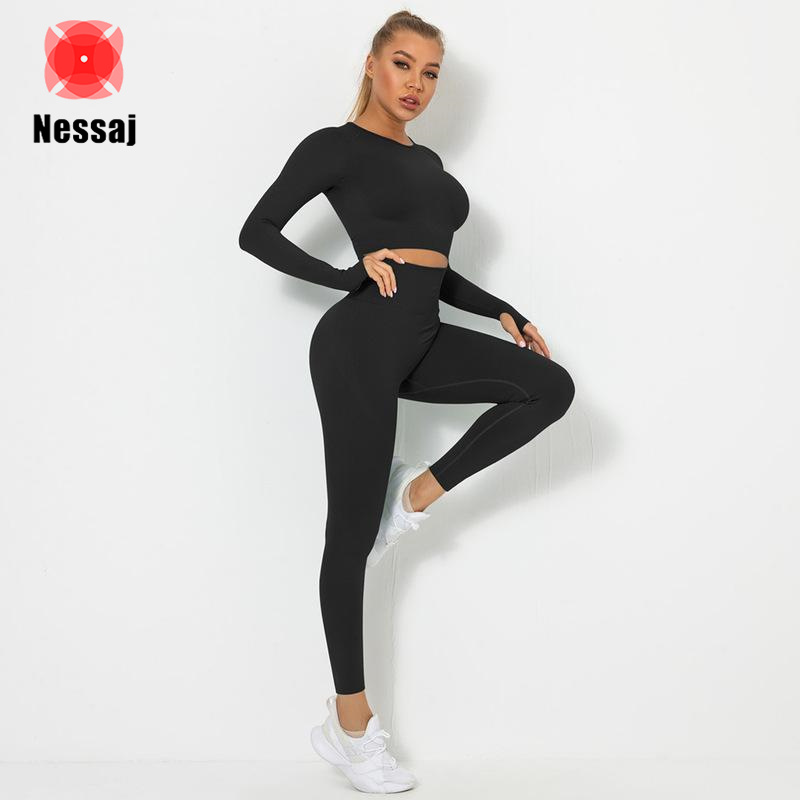 Nessaj กางเกงโยคะสตรีแขนยาว,กางเกงเลกกิ้งเอวสูงสีพื้น - Nessaj - ThaiPick