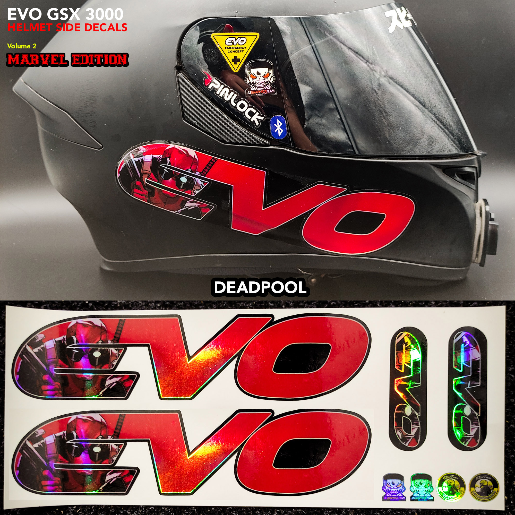 Evo Helmet Mar Vel Edition Stickers Hologram Side Decals for V1 V2 ...
