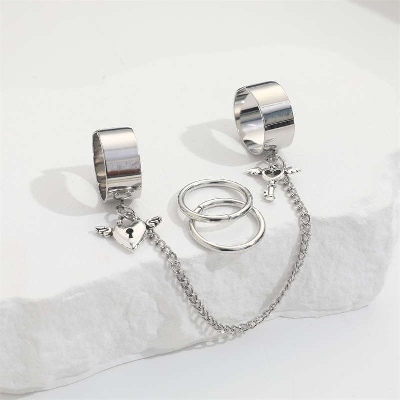 Key Heart Lock Ring Set Women Personalised Chain Two Finger One Piece ...