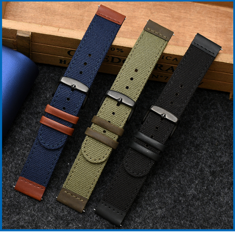 20mm Genuine Leather Army green Nylon Sport Strap Canvas Quick release ...