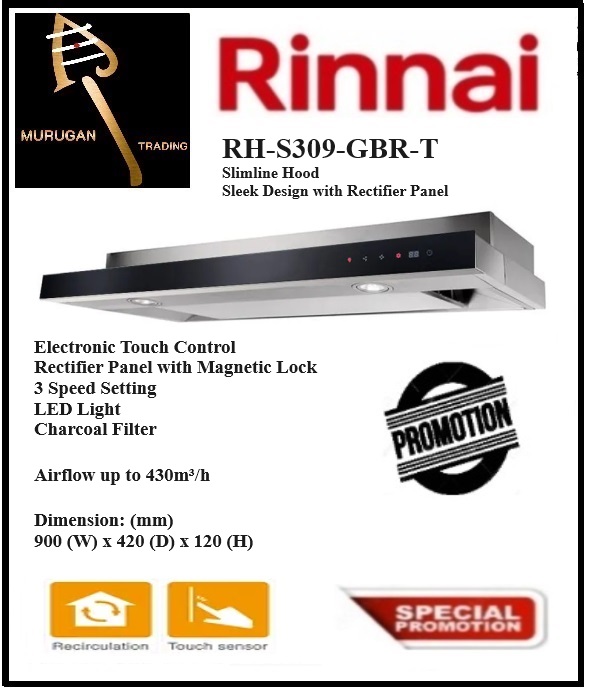 RINNAI RH-S309-GBR-T 90CM TOUCH CONTROL SLIMLINE HOOD| Local Singapore Warranty | Express Free ...