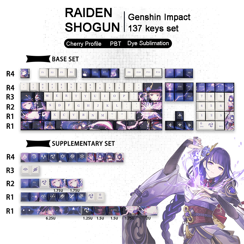 137 คีย์ Genshin Impact RAIDEN SHOGUN Keycaps Dye-Sublimation PBT Cherry Keyboard ตกแต่งผู้เล่น ...