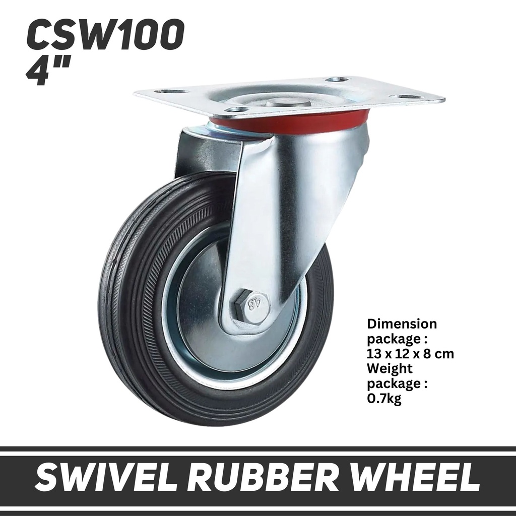 4 INCHI Heavy Duty Rubber Wheel Rigid Swivel With Brake 360 Degree ...