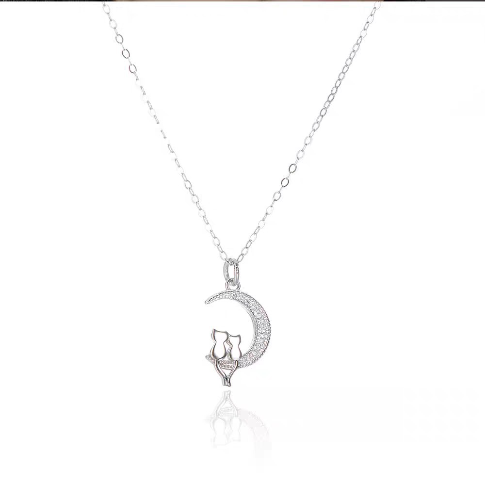 【Mega Sale】Pure White Copper Unfading Moon Cat Wish Necklace Female ...