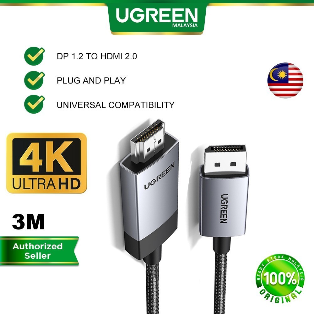 UGREEN 4K60Hz DisplayPort to HDMI Cable DP 1.2 to HDMI 2.0 Cord HDR Active Aluminum Braided High ...